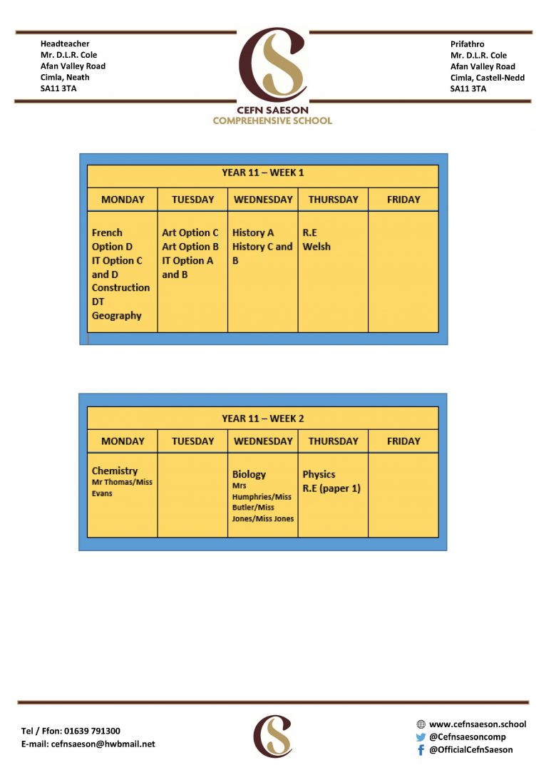 YEAR 11 REVISION LETTER & TIME TABLE | Cefn Saeson Comprehensive School