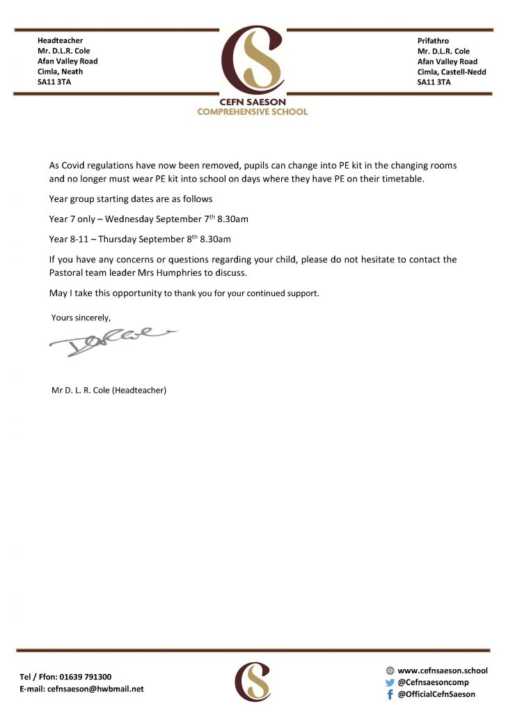 UNIFORM LETTER 21/07/22 | Cefn Saeson Comprehensive School