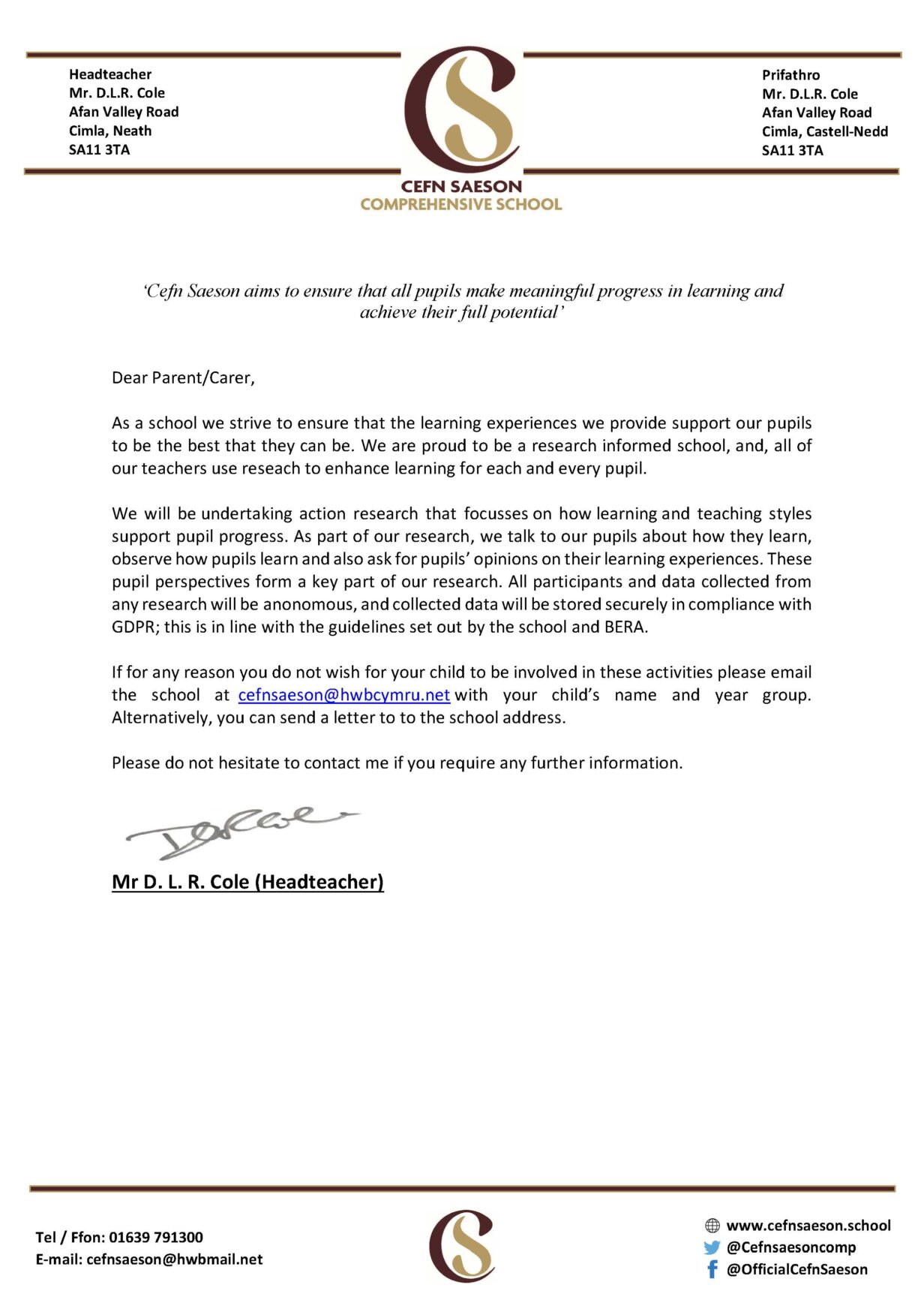RESEARCH INFORMED LETTER | Cefn Saeson Comprehensive School