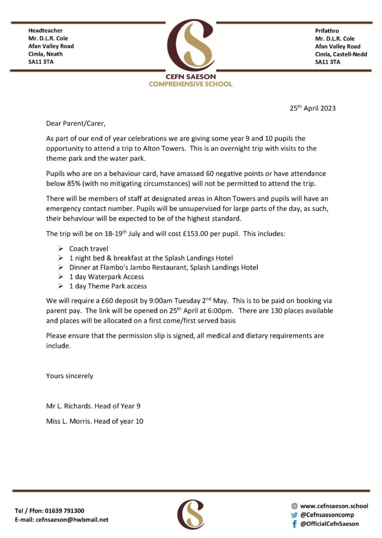 YEAR 9 & 10 ALTON TOWERS TRIP LETTER | Cefn Saeson Comprehensive School